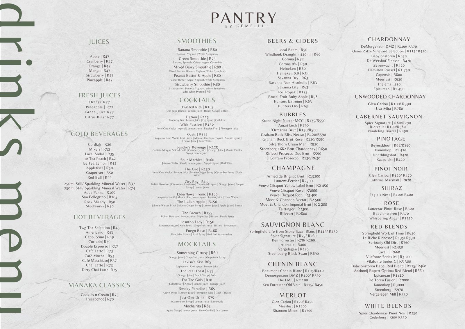Drinks menu - Pantry by Gemelli | Drinks | Food